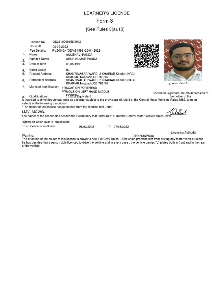 Learner's Licence Details India | PDF