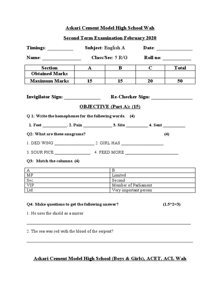 Class 5 English A 2020 | PDF