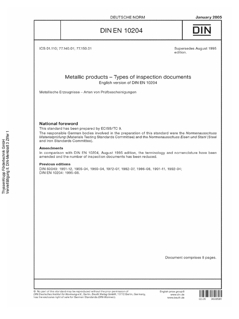 Din en 10204 - 1995 | PDF