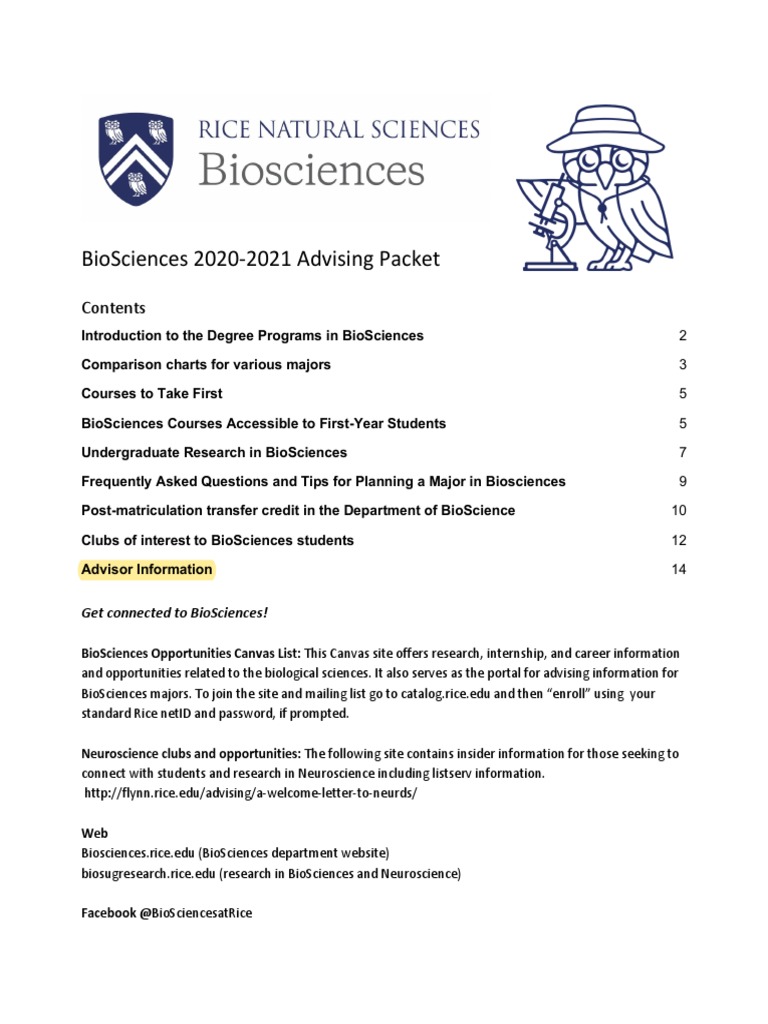 Rice University Biosciences 2020 2021 Advising Booklet Pdf