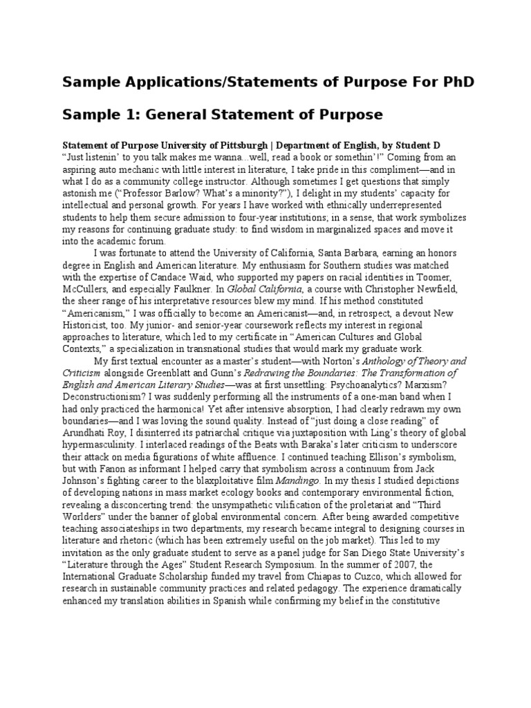 01 Sample Statements Purpose PHD | PDF | Rhetoric | Academia