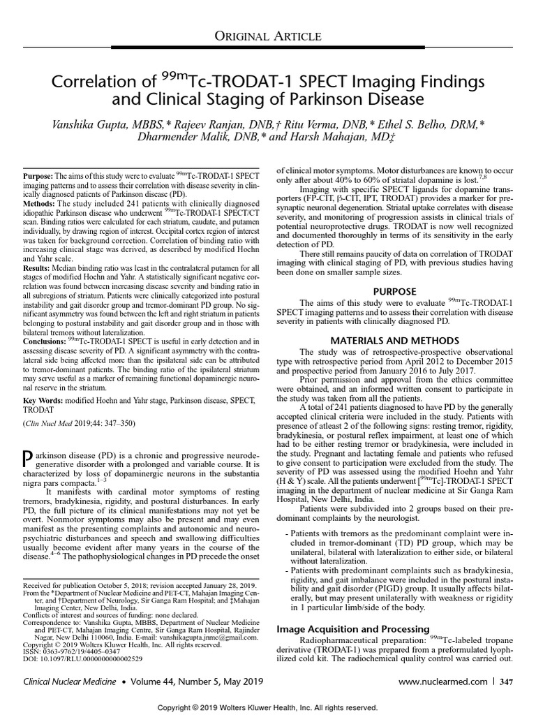 Correlation of 99mTc-TRODAT-1 SPECT Imaging Findings and Clinical ...