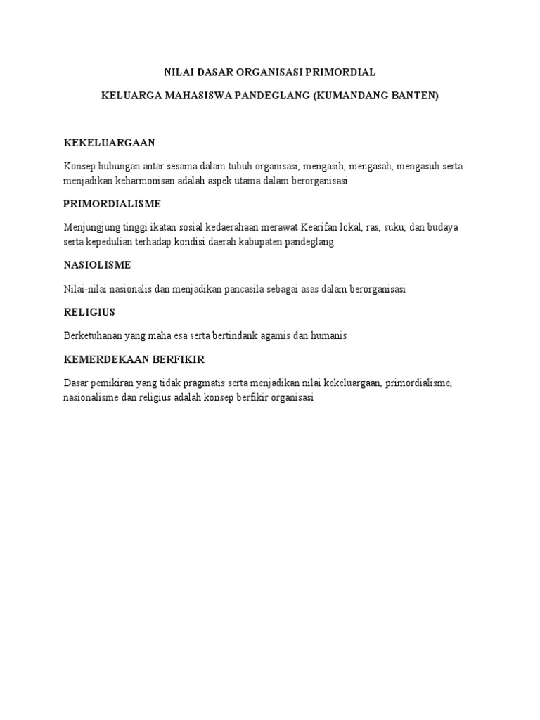 Nilai Dasar Organisasi Primordial | PDF Nilai Dasar Organisasi Primordial | PDF