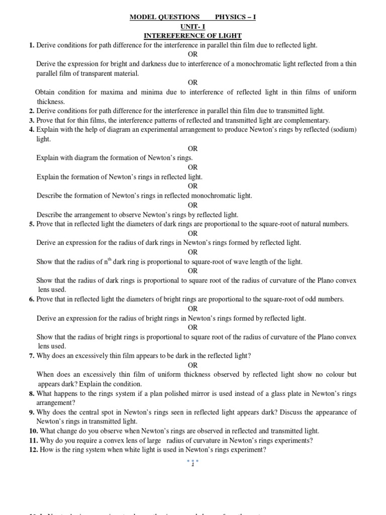 Model Questions Physics | PDF | Diffraction | Polarization (Waves)