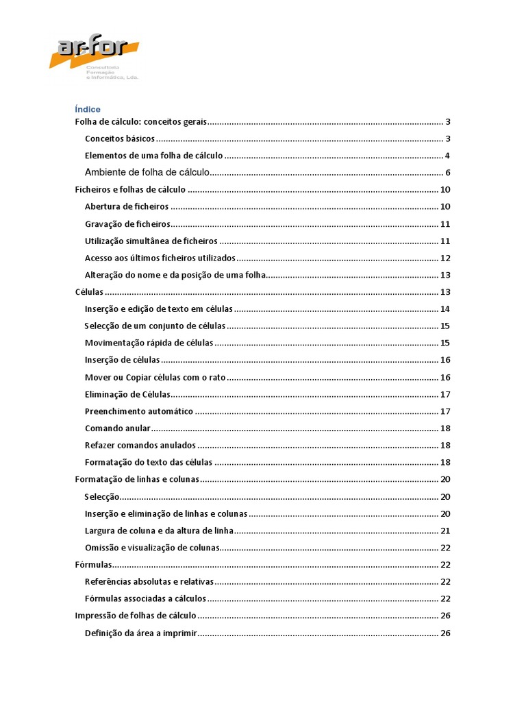 Manual Folha de C Lculo Excel 2007 ( Ltima VS) ARFOR | PDF | Janela (informática) | Planilha