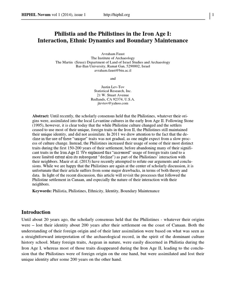 Faust A and Lev Tov J 2014 Philistia and | PDF | Philistines