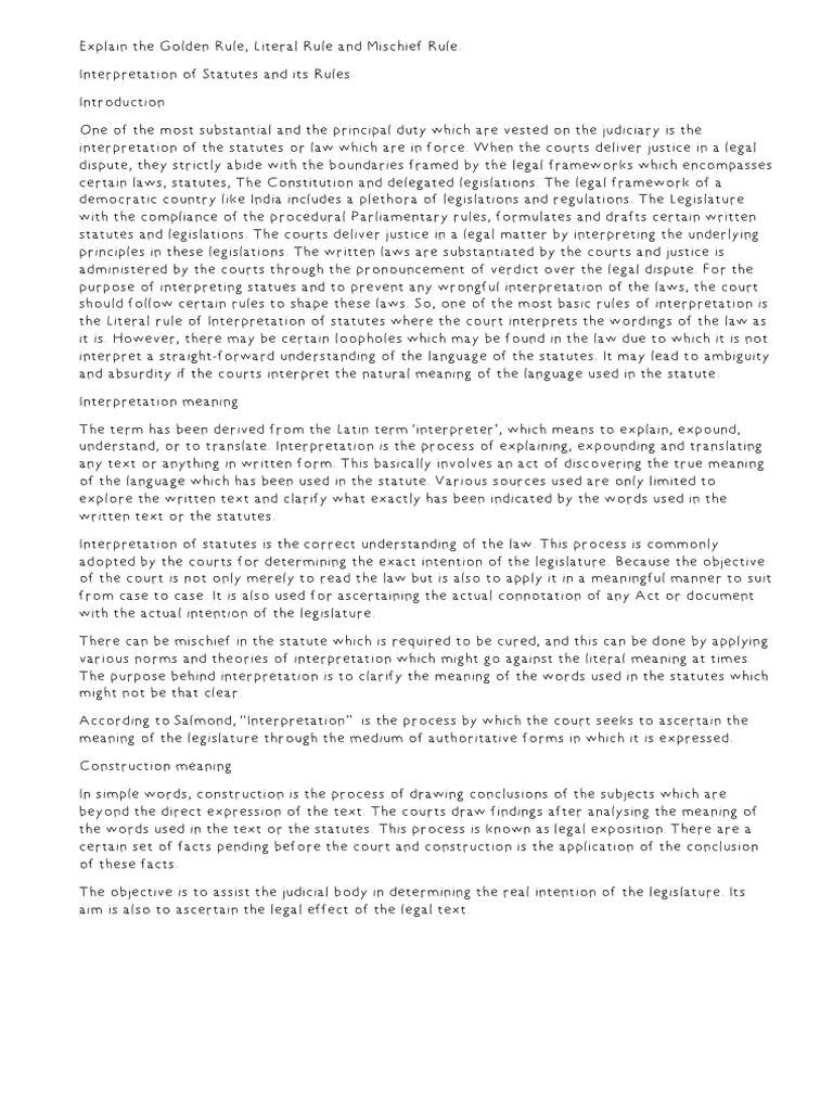 Explain The Golden Rule, Literal Rule and Mischief Rule | PDF ...