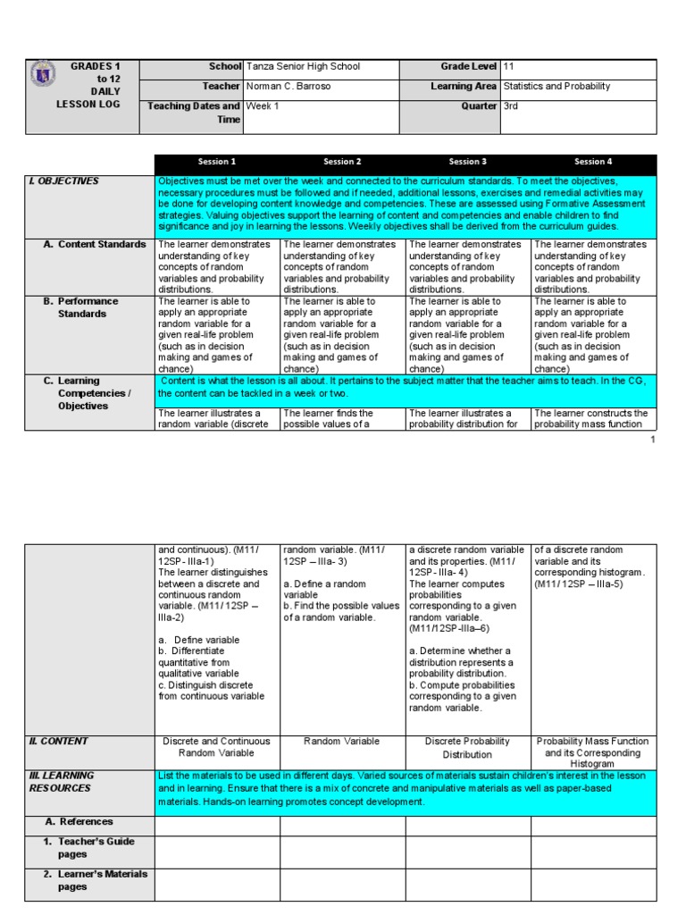 Grade 11 Statistics Lesson Plan | PDF | Probability Distribution ...