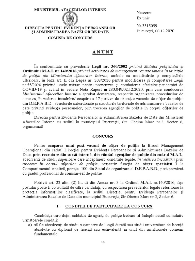 Anunt Concurs Ofiter - TCO - BMO - Poz. 100 - Site | PDF