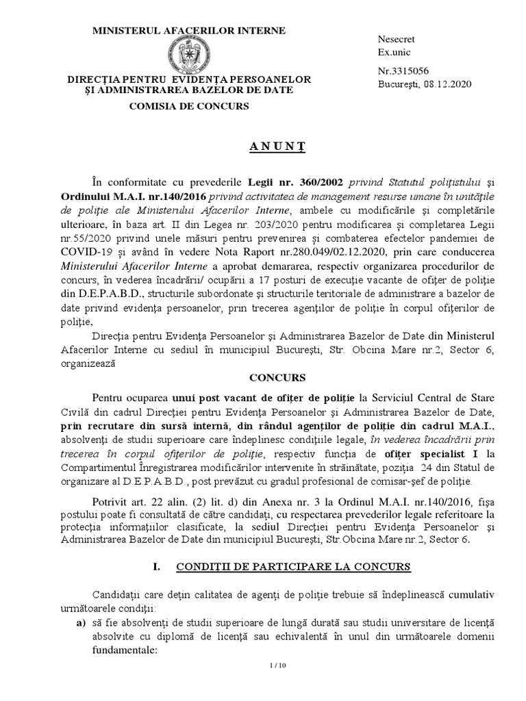 Anunt Concurs Ofiter - TCO - S2 - Poz. 24 - Site | PDF
