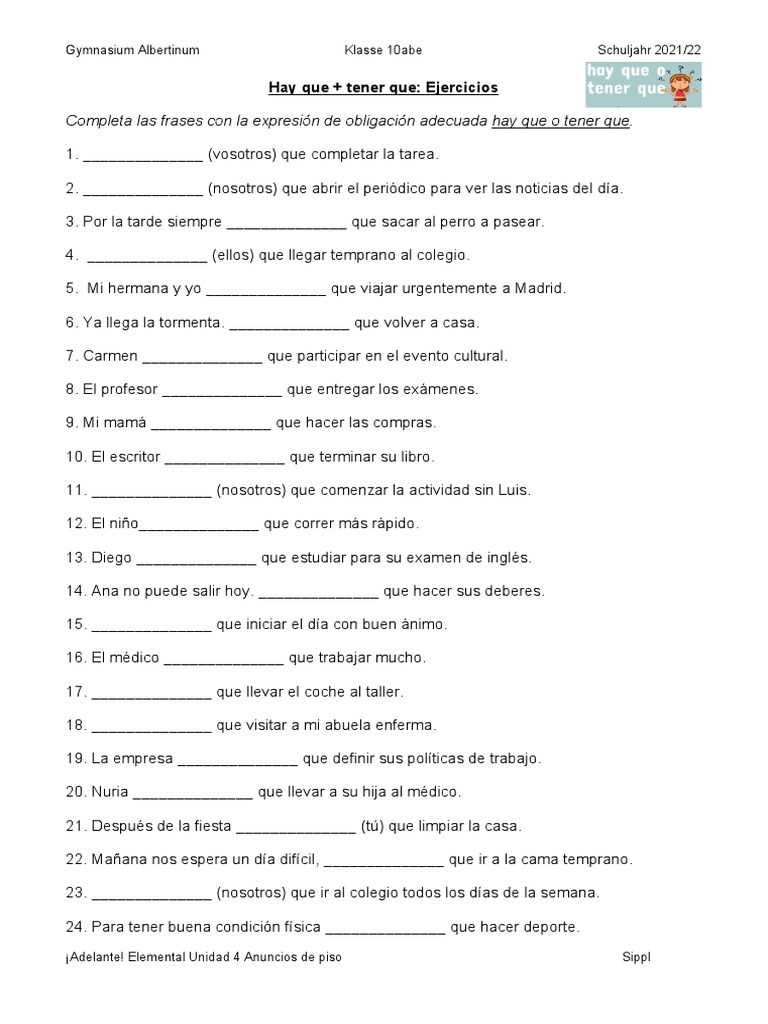 Ejercicios de Obligación: Hay que vs. Tener que | PDF
