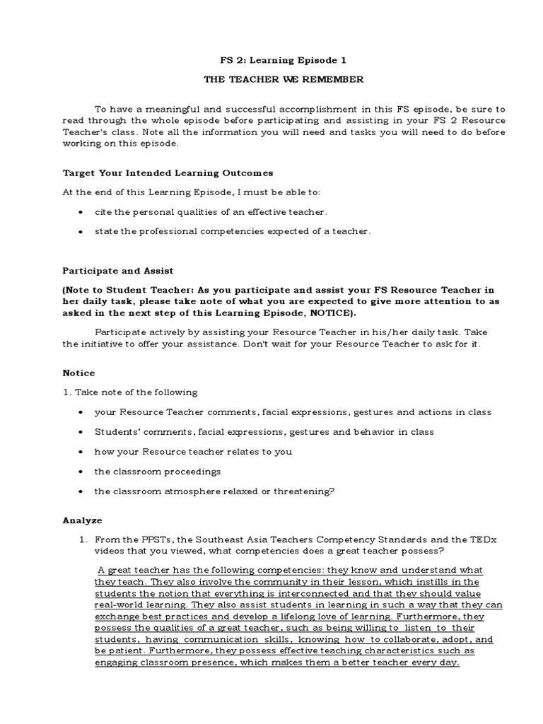FS2 Le1 | PDF | Teaching Method | Teachers