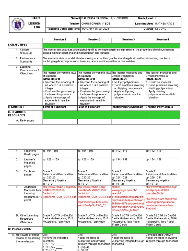 Grade 7 Math Lesson Log: Exponents & Polynomials | PDF | Division ...