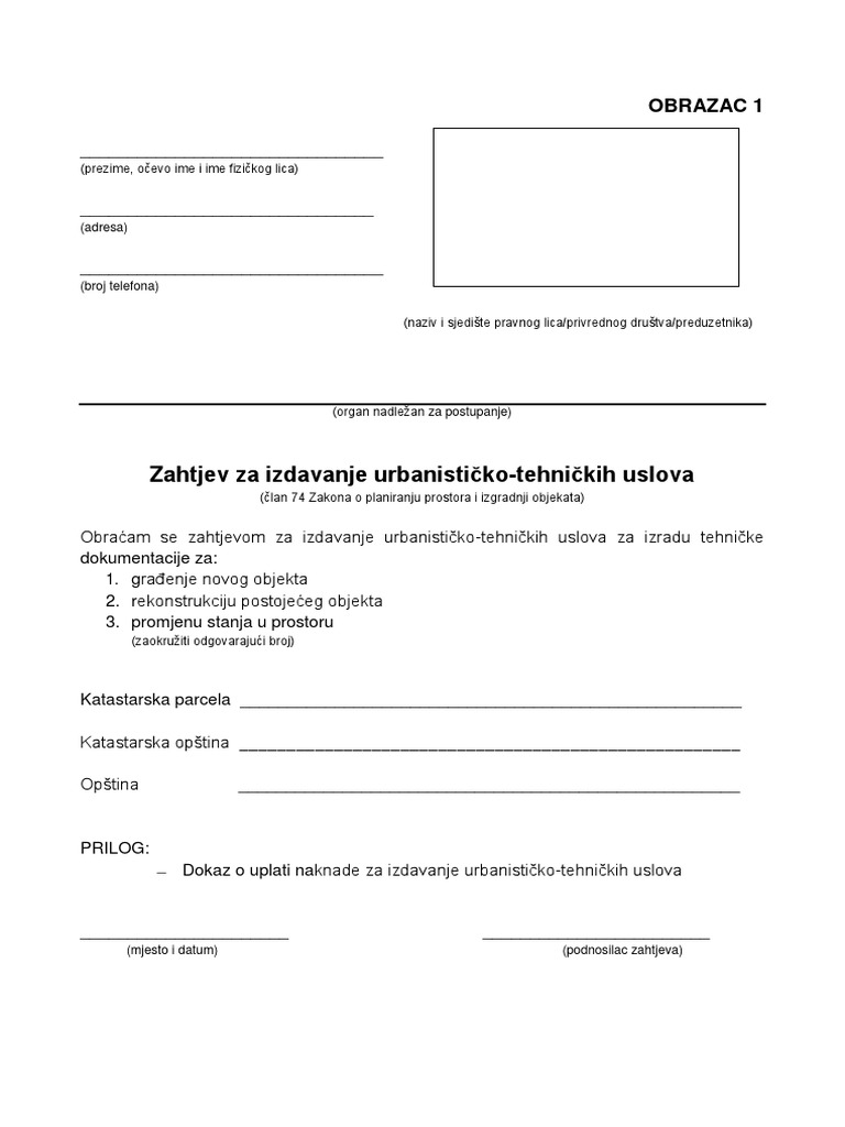 Zahtjev Za Izdavanje Ut Uslova | PDF