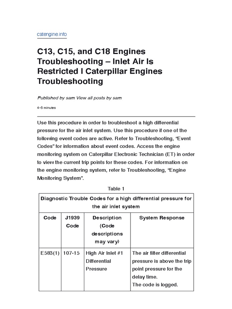 C13, C15, and C18 Engines Troubleshooting - Inlet Air Is Restricted Caterpillar Engines ...