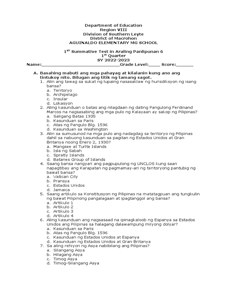 1st Summative Test AP6 1st Quarter | PDF