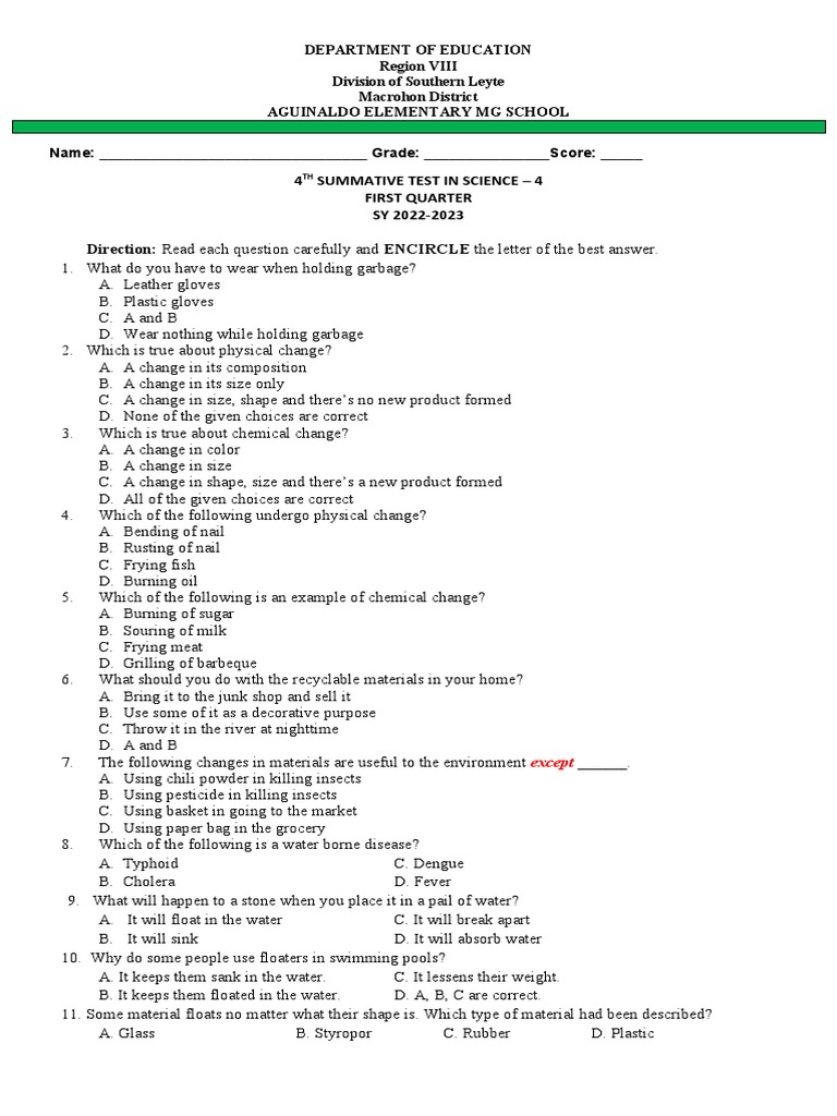 4th Summative Test in Science 4 | PDF | Water | Soil