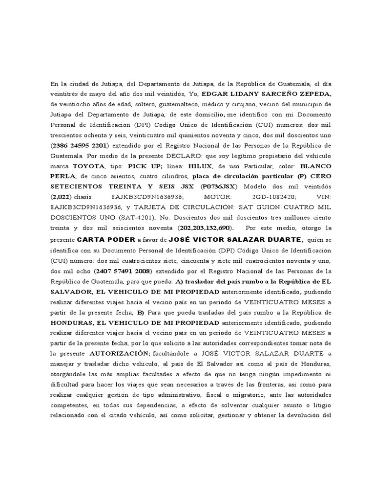 Carta Poder - Traslado de Vehiculo o Auto Al Extranjero - Edgar Lidany Sarceño - Jose Salazar | PDF