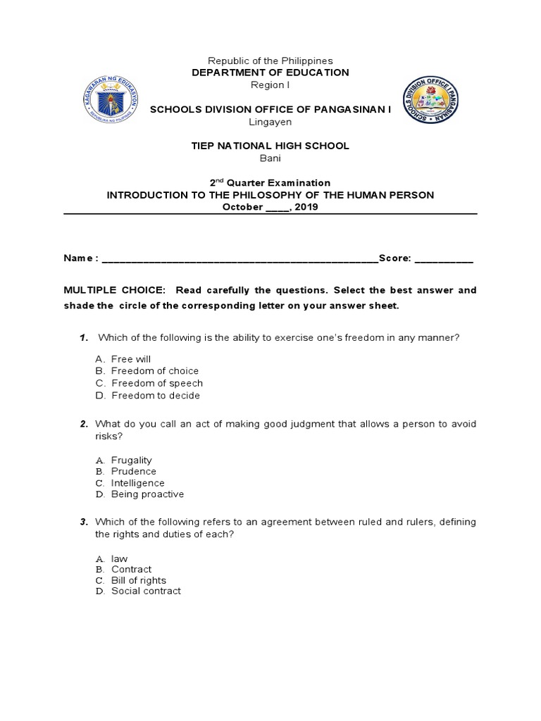 2nd Quarter Exam PHILO Final | PDF | Free Will | Disability