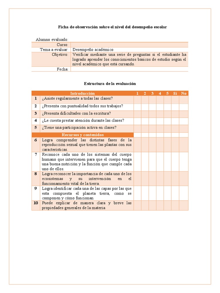 Ficha de Observación Sobre El Nivel Del Desempeño Escolar | PDF