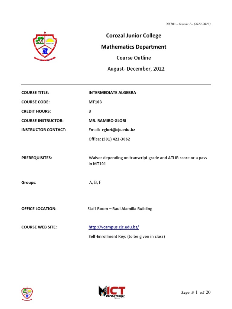 MT 103 Intermediate Algebra Course Outline Sem1, 2022-2023 (R.GLORI) | PDF