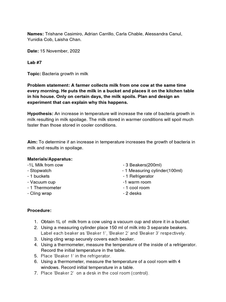 Lab7 PlanningandDesigningLabBIO | PDF | Milk | Experiment