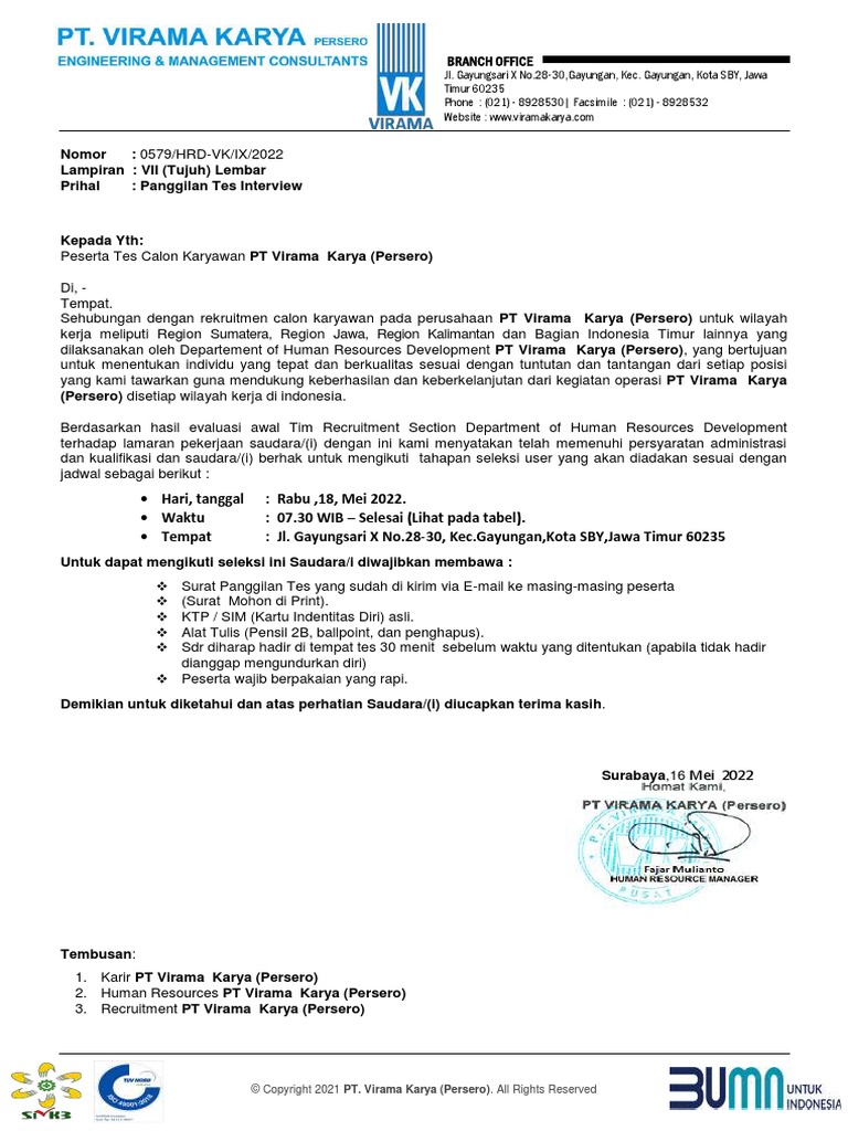 Lampiran Undangan Interview PT Virama Karya (Persero) - Sby | PDF