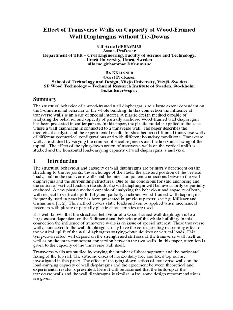 Effect of Transverse Walls On Capacity of Wood-Framed Wall Diaphragms ...