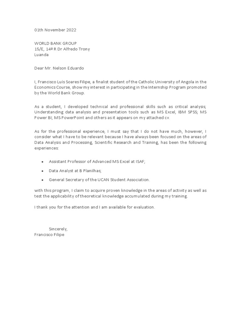 World Bank Internship Application by Francisco | PDF