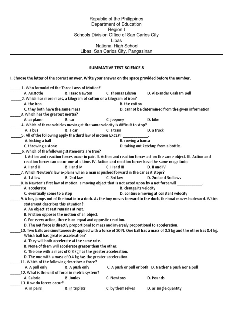 Summative Test for Science 8 Students | PDF | Force | Acceleration