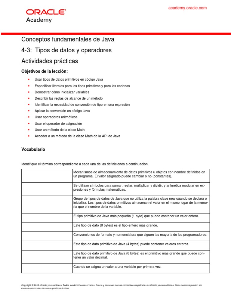 JF 4 3 Practice Esp | PDF | Java (lenguaje de programación) | Tipo de datos