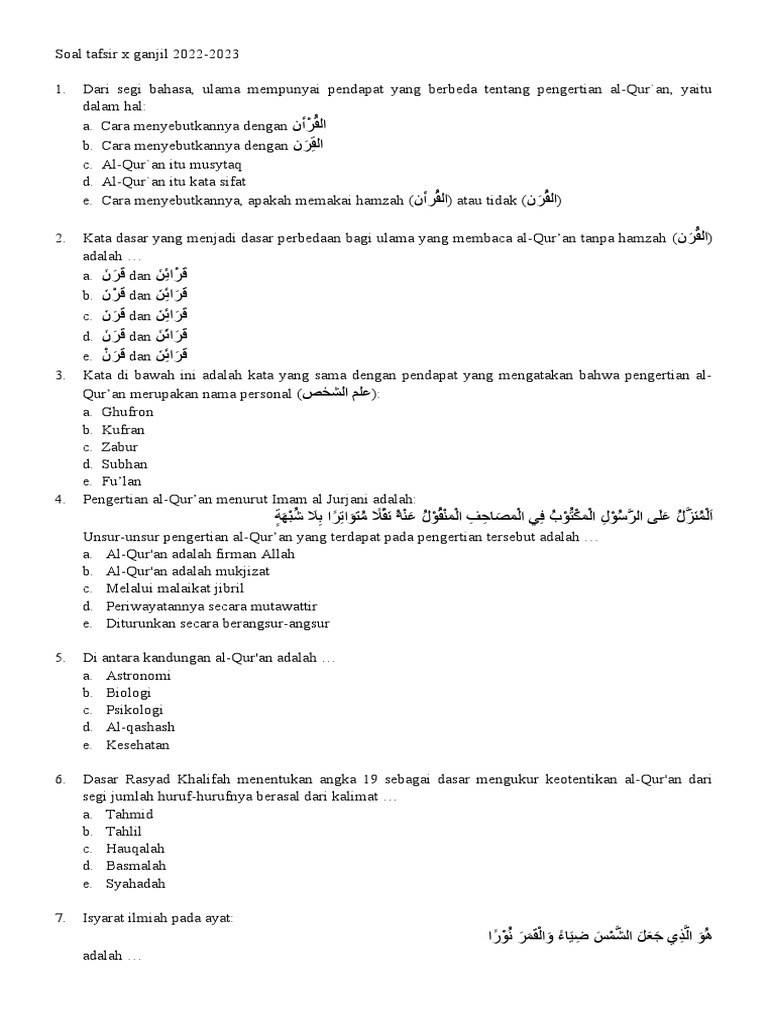 Soal Tafsir Al-Qur'an Ganjil 2022-2023 | PDF