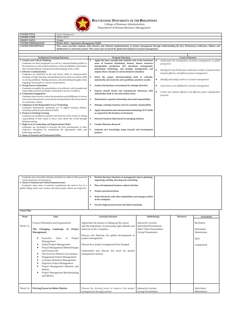 Syllabi HRMA 40023 Project Management 2 | PDF | Project Management | Performance Indicator