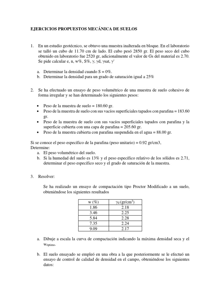 Ejercicios Propuestos Mecánica de Suelos | PDF | Ingeniería geotécnica | Materiales naturales