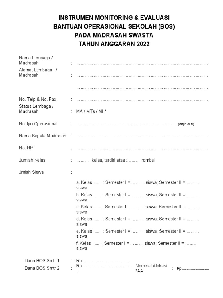 Instrumen Monev Bos Tahun 2022 | PDF