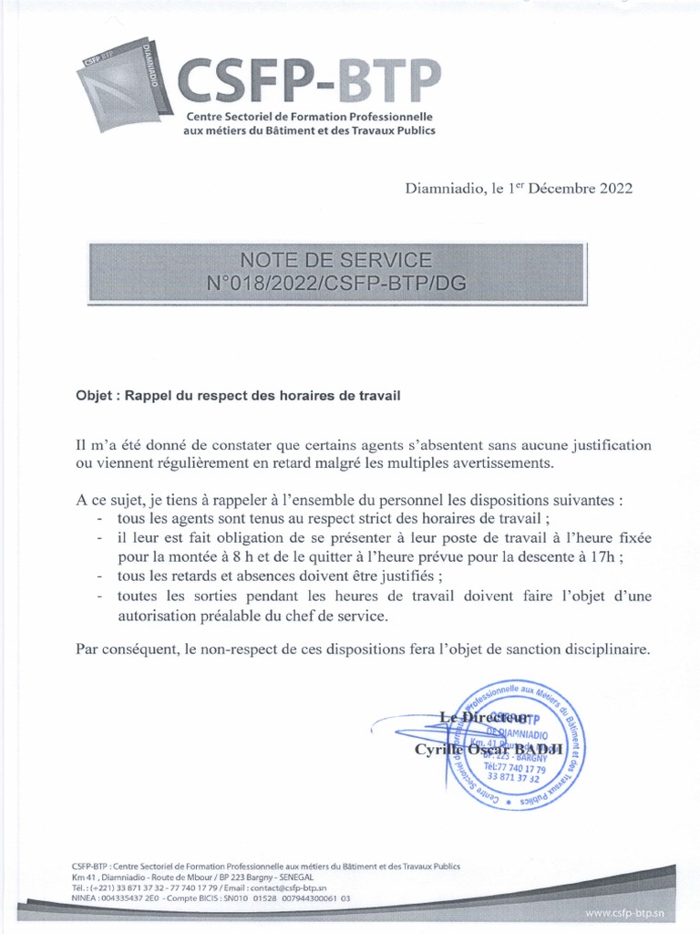 Note de Service - Horaires de Travail | PDF