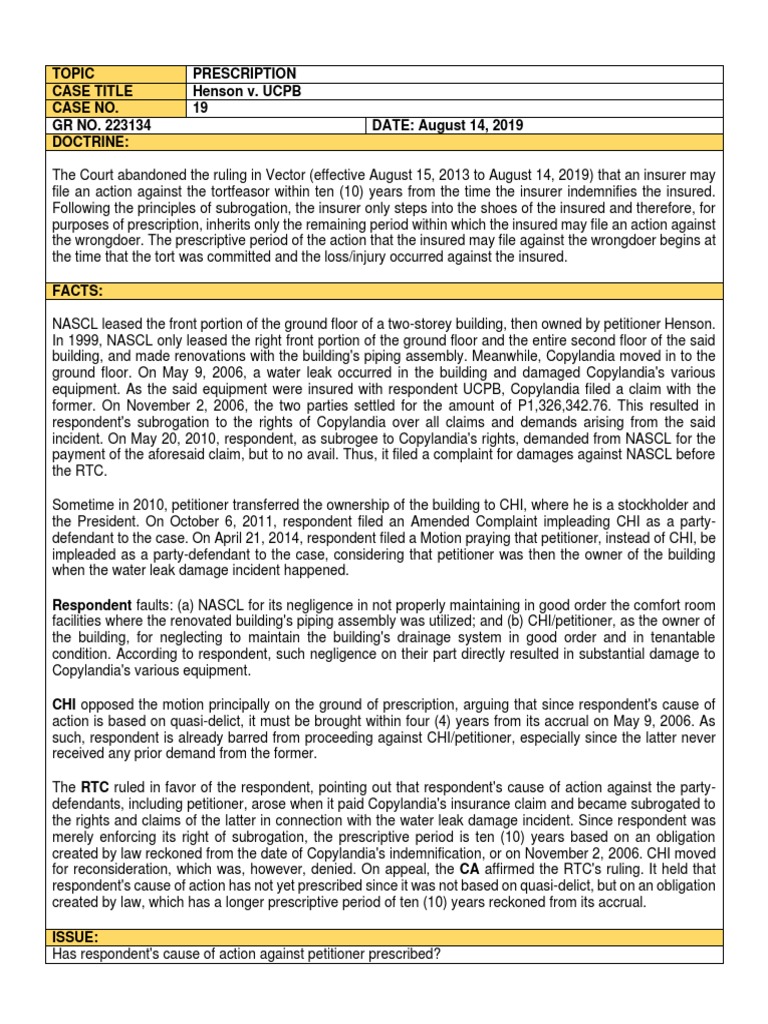 19 Henson, Jr. v. UCPB General Insurance Case Digest | PDF