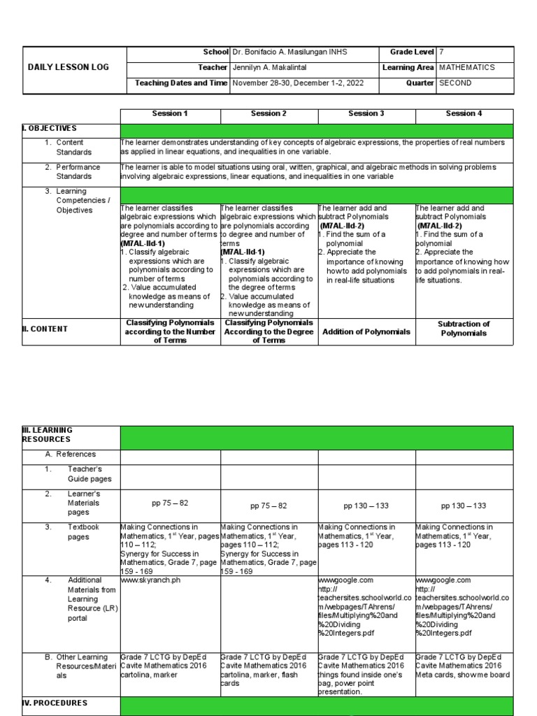 Week 4 - Q2 - Math 8 | PDF | Polynomial | Equations