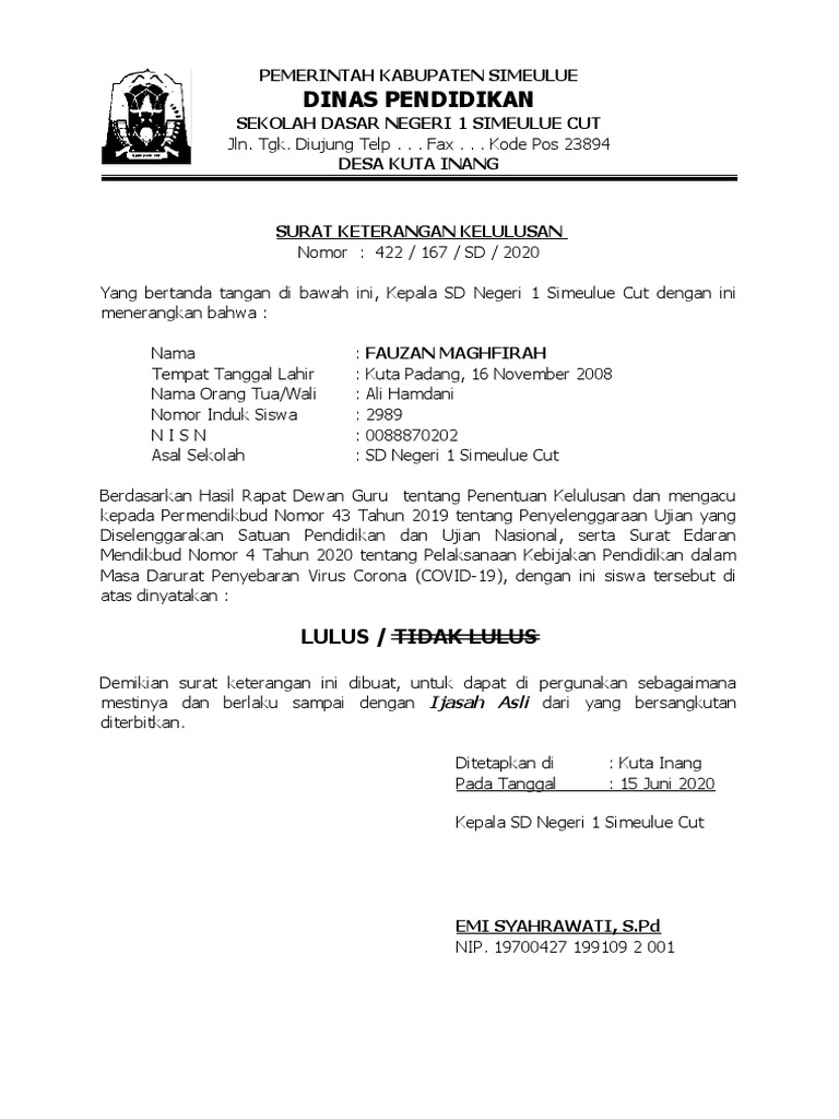 Surat Keterangan Lulus Ujian | PDF