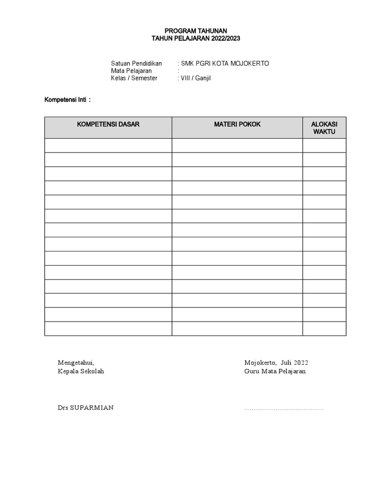 Program Tahunan SMK PGRI Mojokerto 2022/2023 | PDF