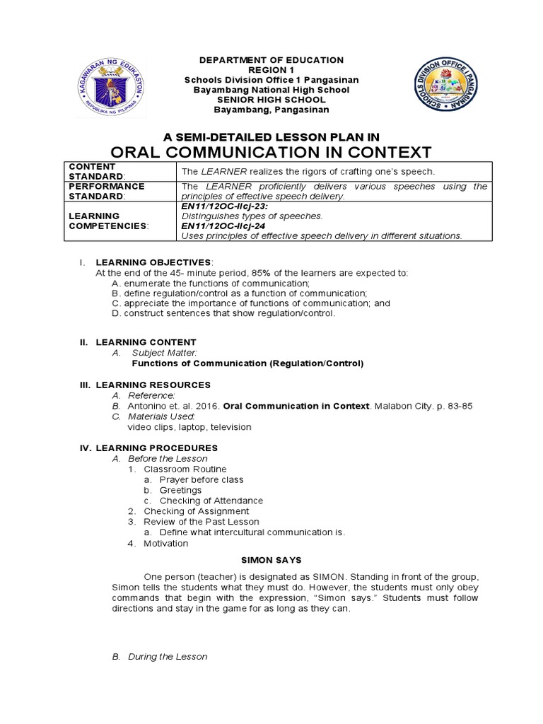 Lesson Plan in Oral Comm Second | PDF | Learning | Lesson Plan