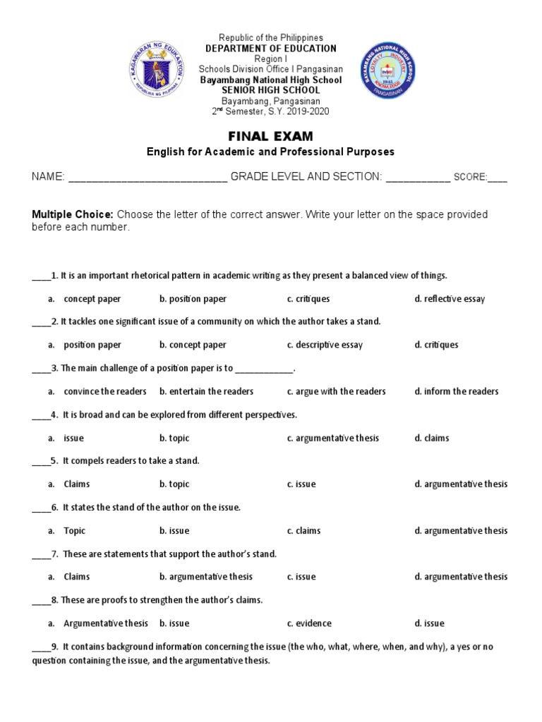 Final Exam in Eapp | PDF | Essays | Argument