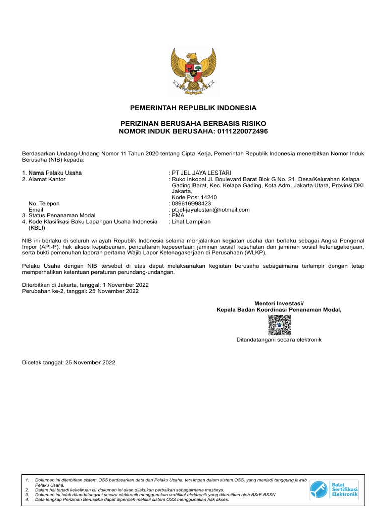 NIB Pt. Jel Jaya LEstari (Perubahan) | PDF