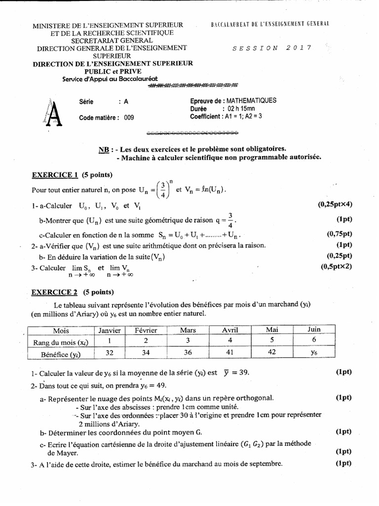 Bac Mada SerieA2 Mathematiques 2017 | PDF