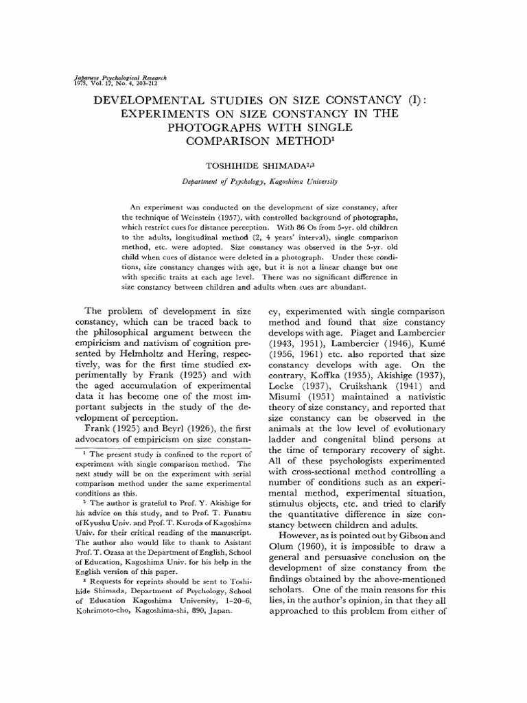 Developmental Studies On Size Constancy (I) : Experiments On Size Constancy in The Photographs ...