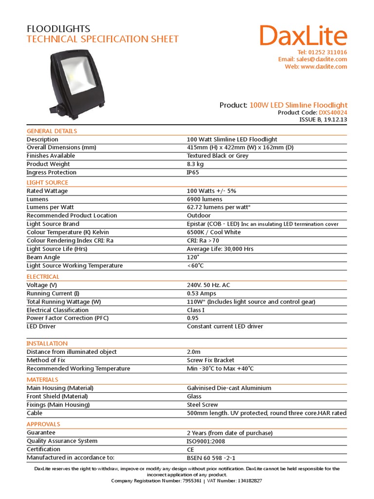 100W Led Floodlight Specification Sheet | PDF
