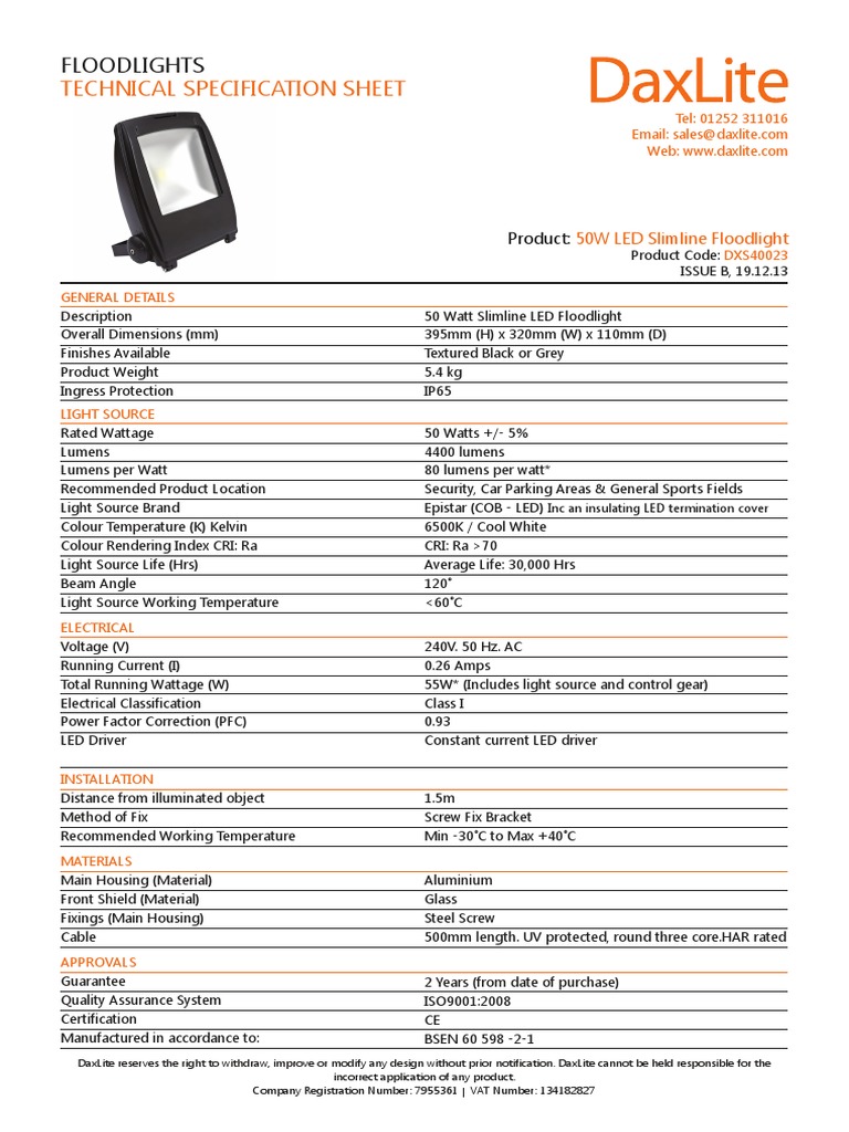 50W Led Floodlight Specification Sheet | PDF