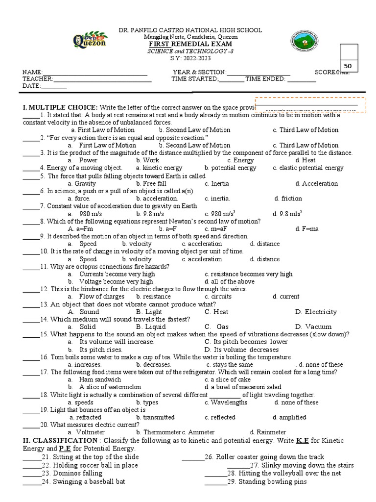 1st Remedial Exam 2022 2023 | PDF | Newton's Laws Of Motion | Force