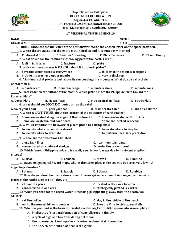 g10 Periodical Test | PDF | Plate Tectonics | Volcano