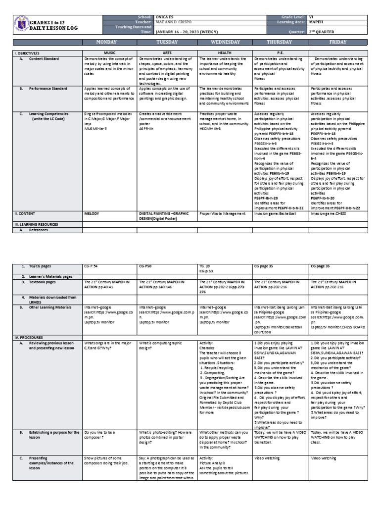 DLL - Mapeh 6 - Q2 - W9 | PDF | Learning | Composers